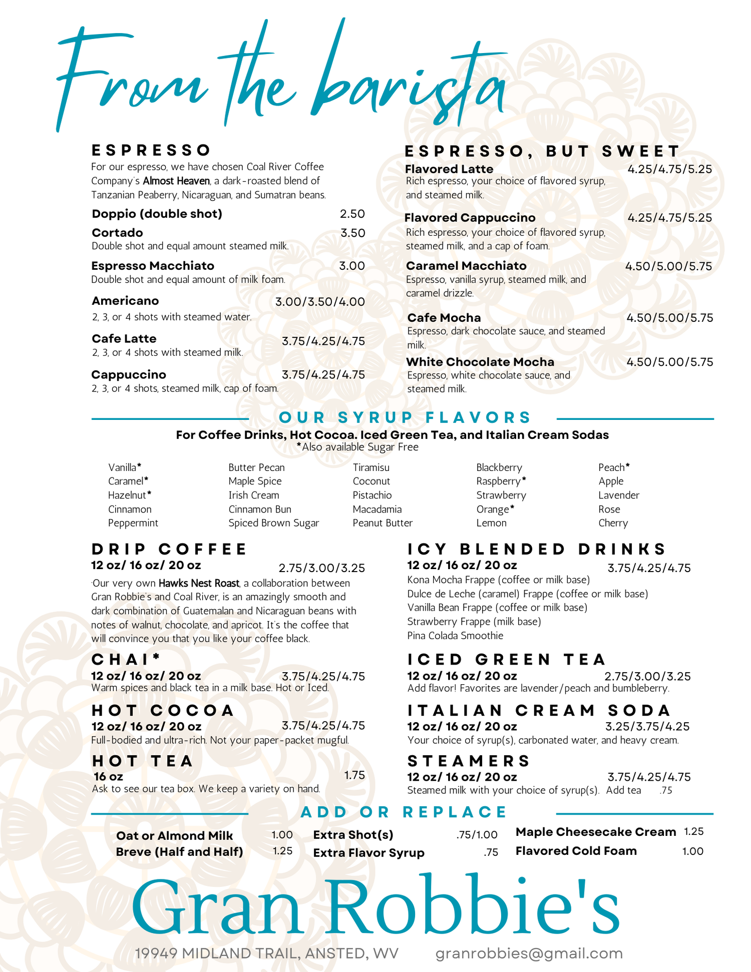 Menus — Gran Robbie's