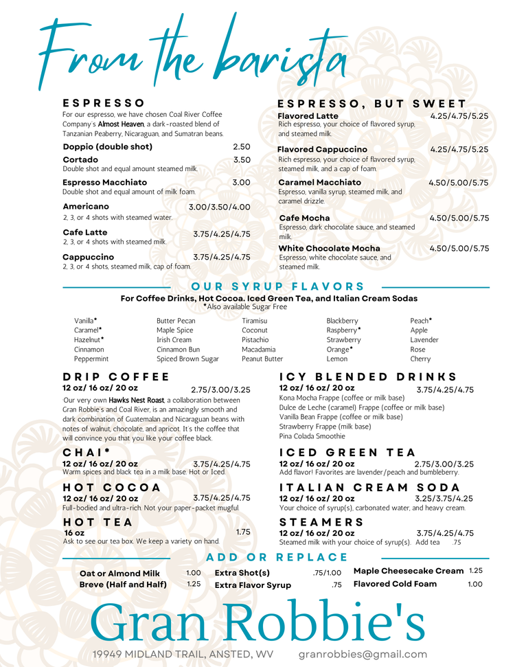 Menus — Gran Robbie's