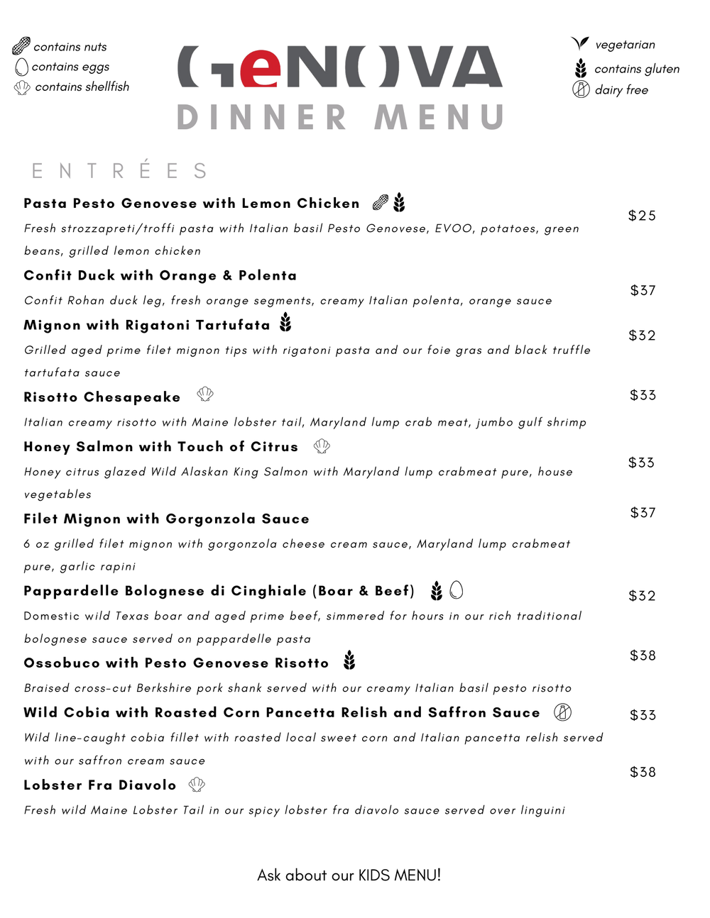 Dinner Menu — GENOVA