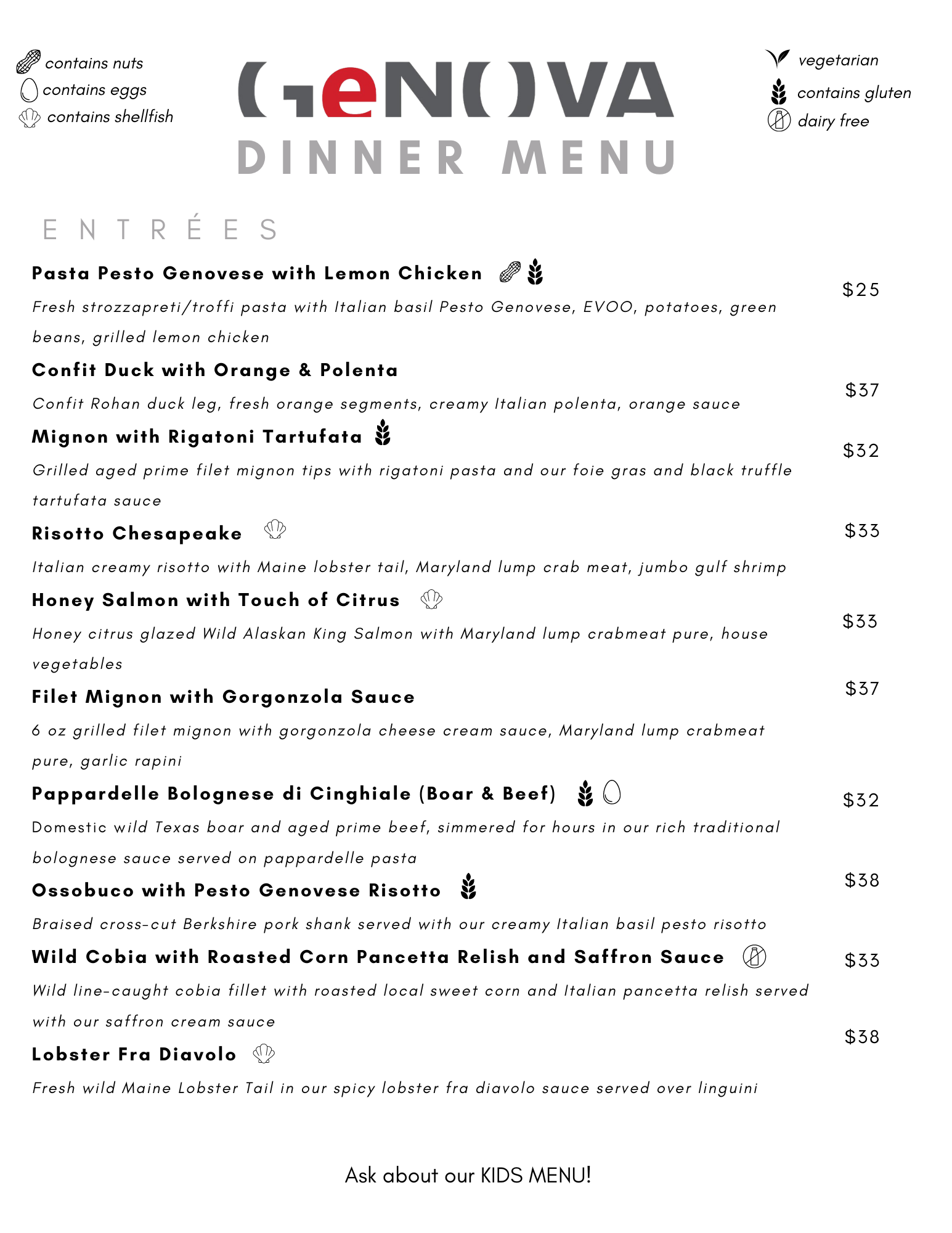 Dinner Menu — GENOVA