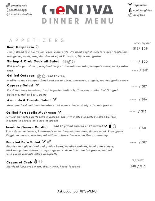 Dinner Menu — GENOVA