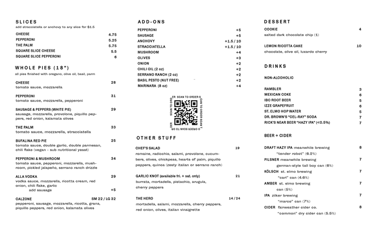 PALM PIZZA MENU — PALM PIZZA