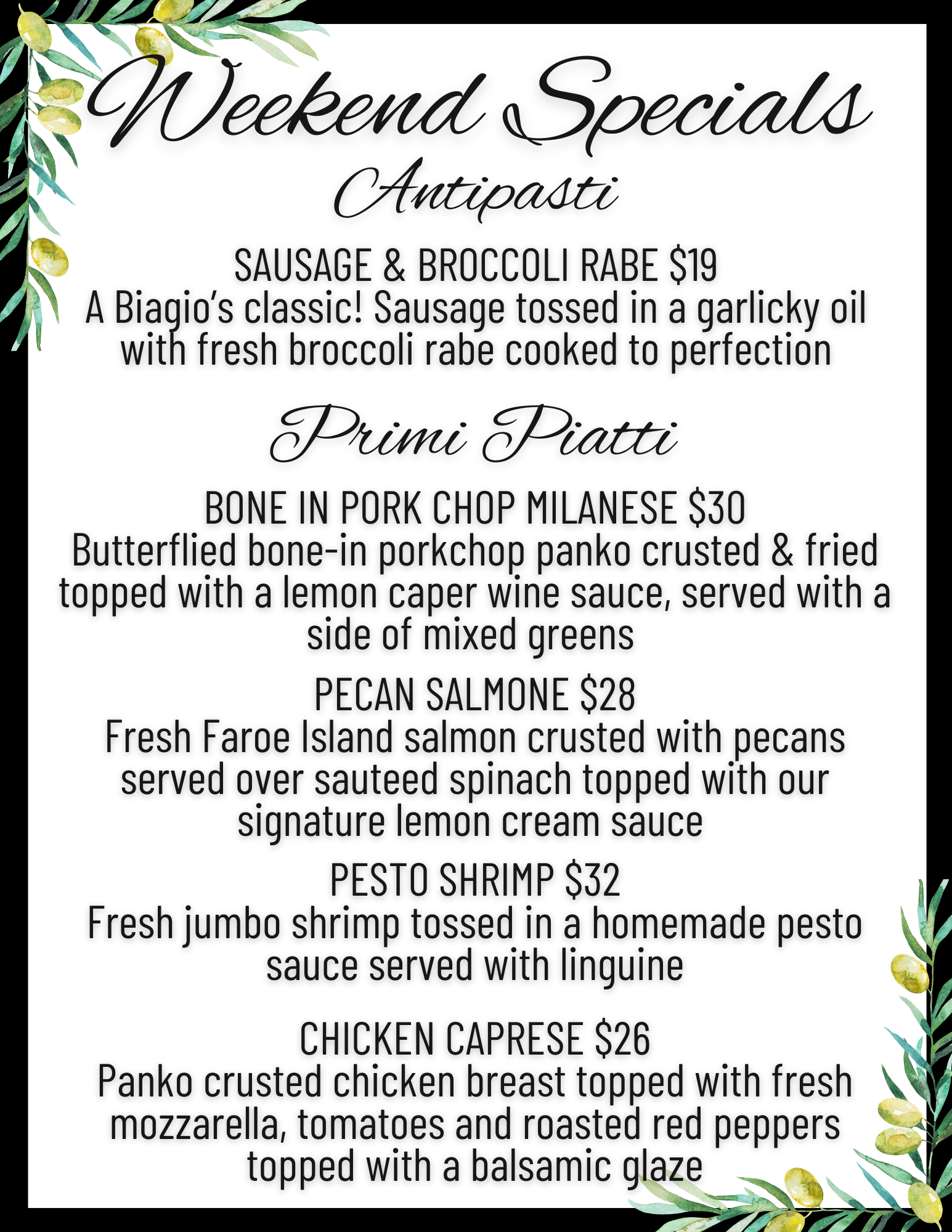 Weekend Specials — The Original Biagio's Trattoria
