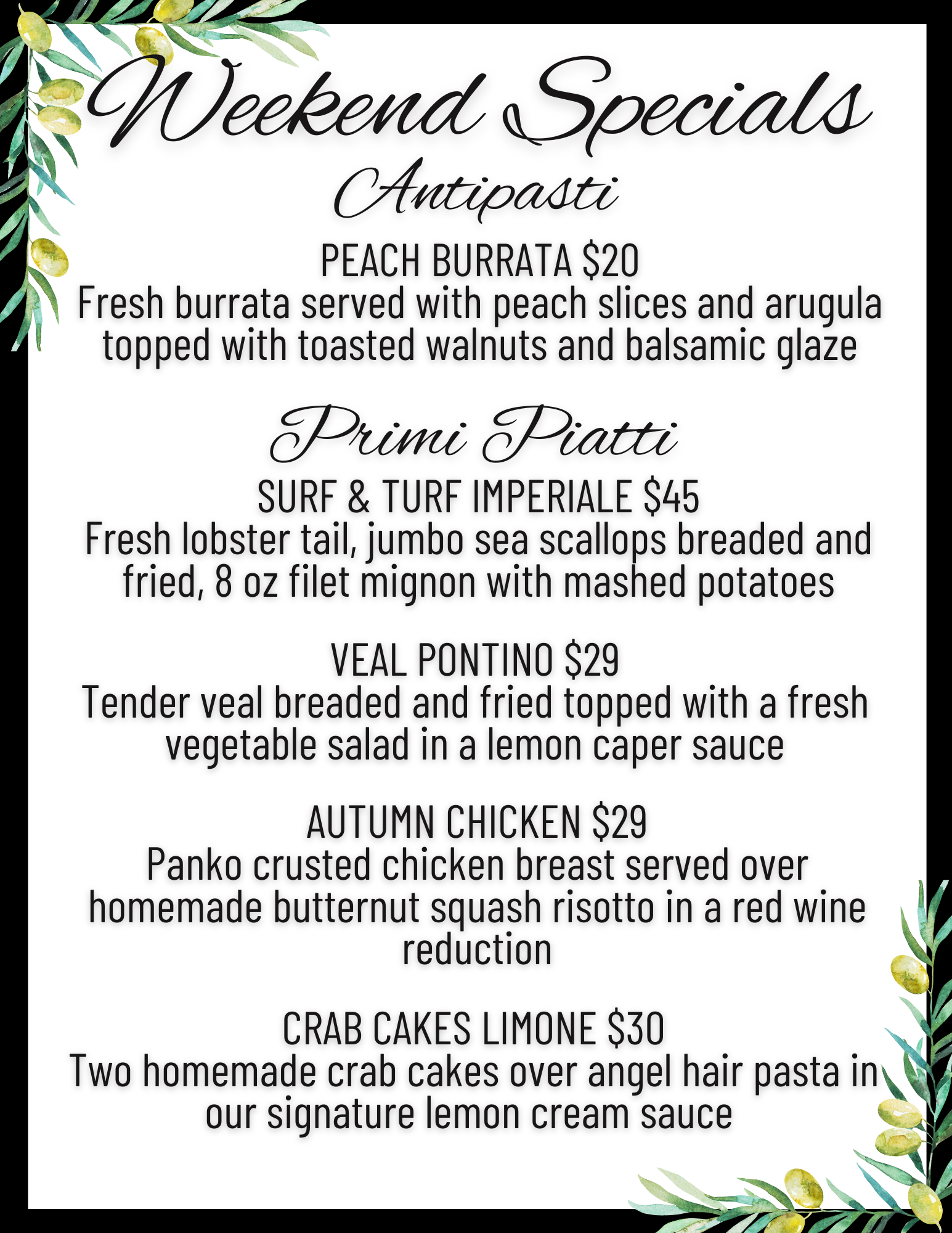 Weekend Specials — The Original Biagio's Trattoria
