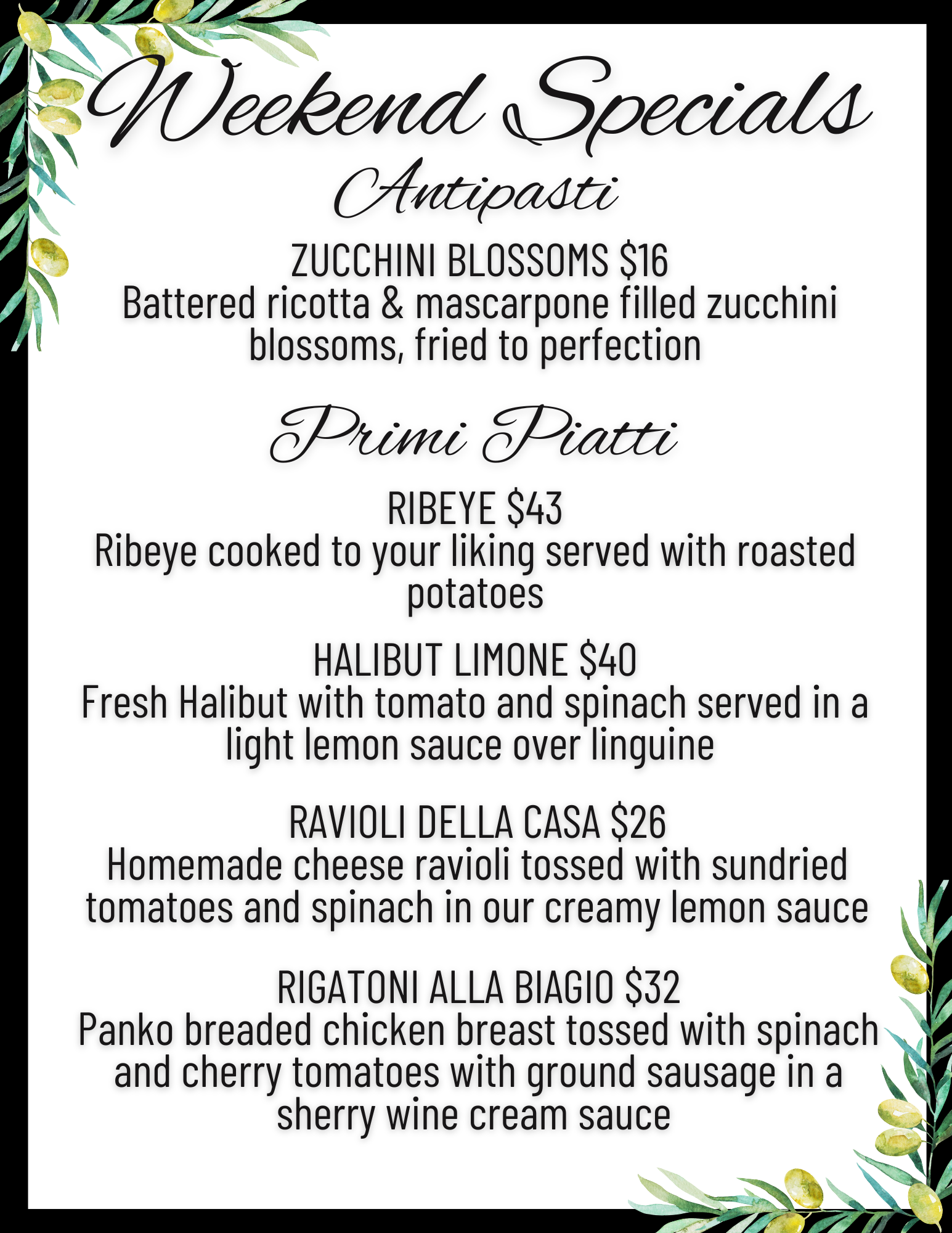 Weekend Specials — The Original Biagio's Trattoria