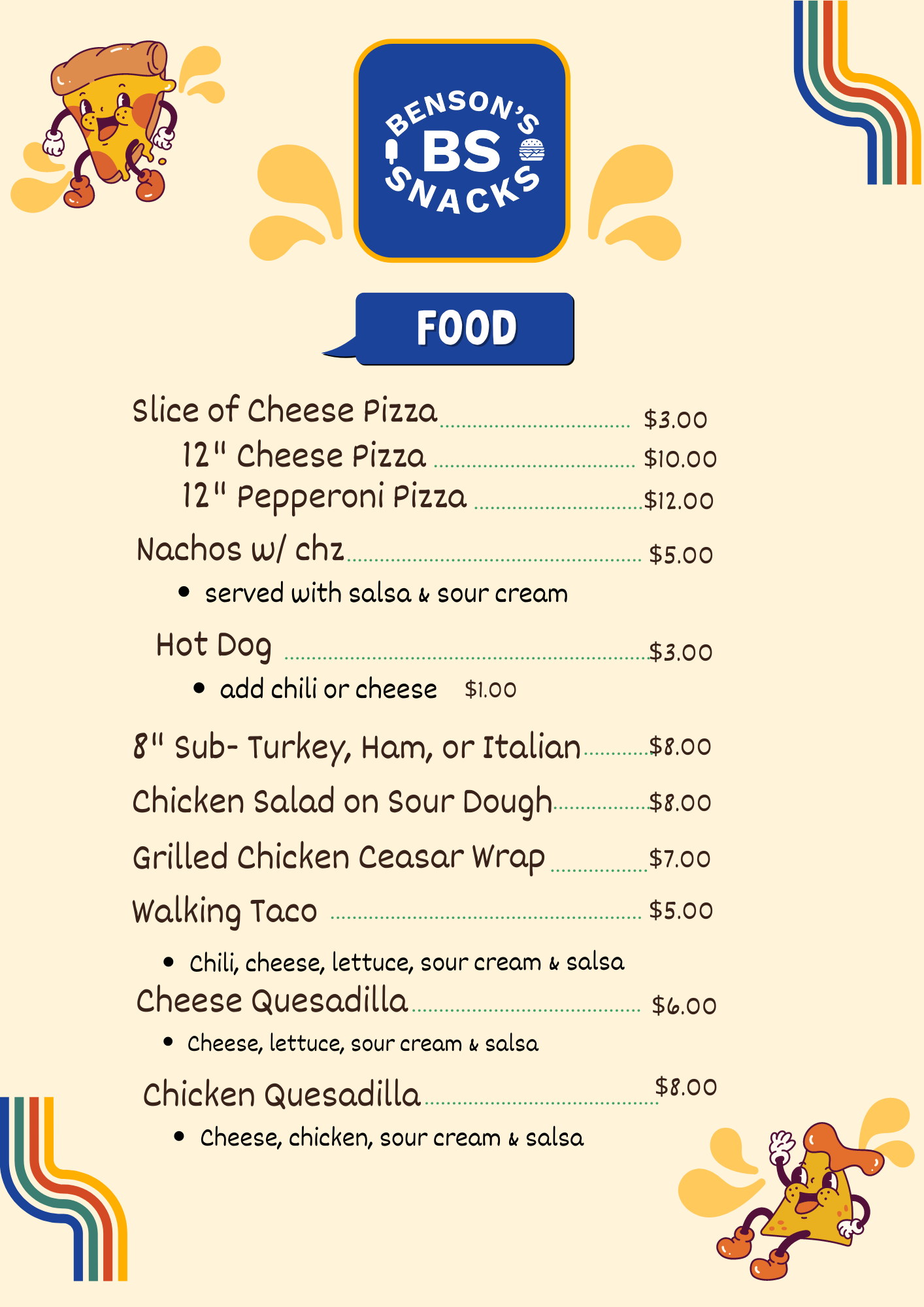 Snack Bar Menu — Benson's Snacks
