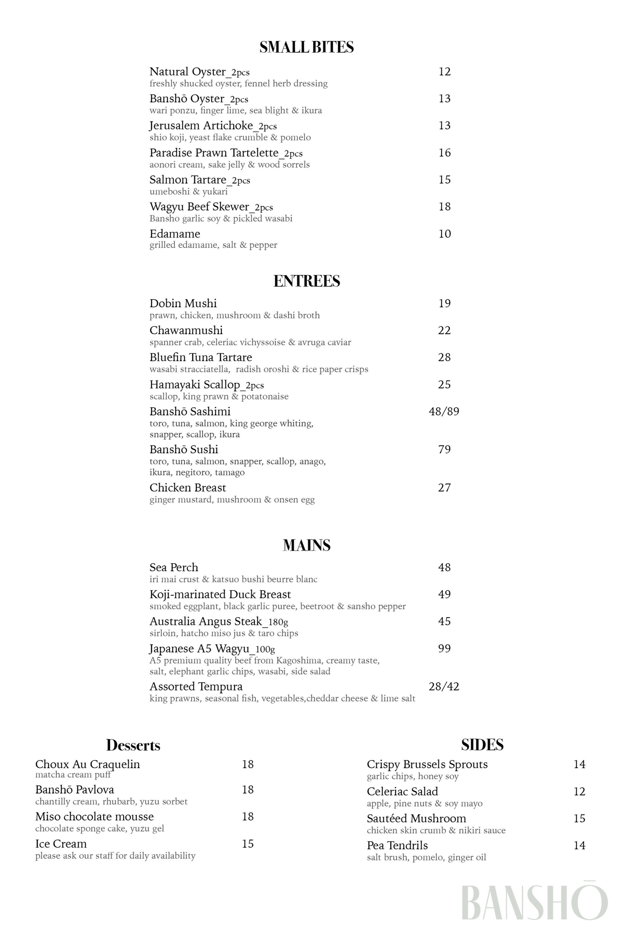 Menu — Bansho Dining