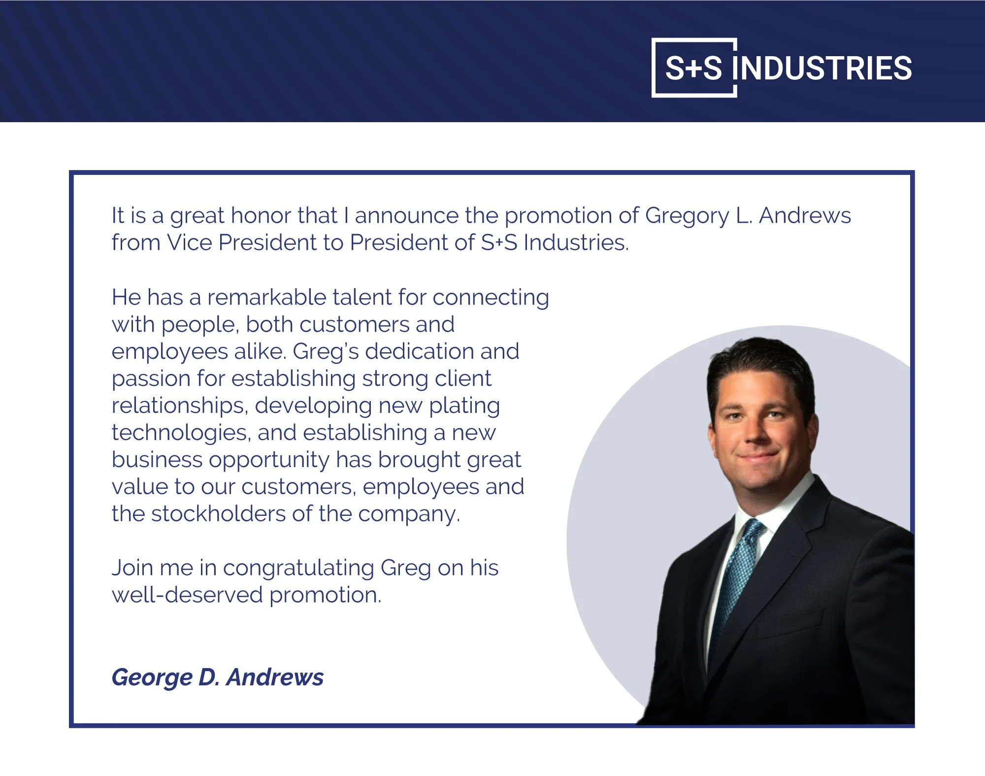 Gregory Andrews Promoted to President of S+S Industries — S+S Industries