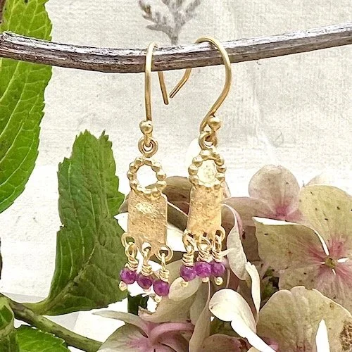 Handmade Embossed Gold Plated Ruby Bead Drop Earrings — Bridget Wheatley