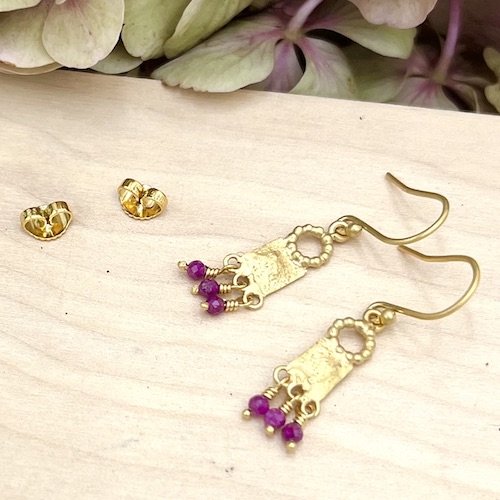 Handmade Embossed Gold Plated Ruby Bead Drop Earrings — Bridget Wheatley