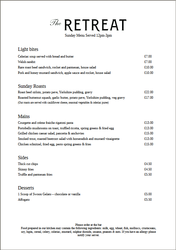 Menus — THE RETREAT