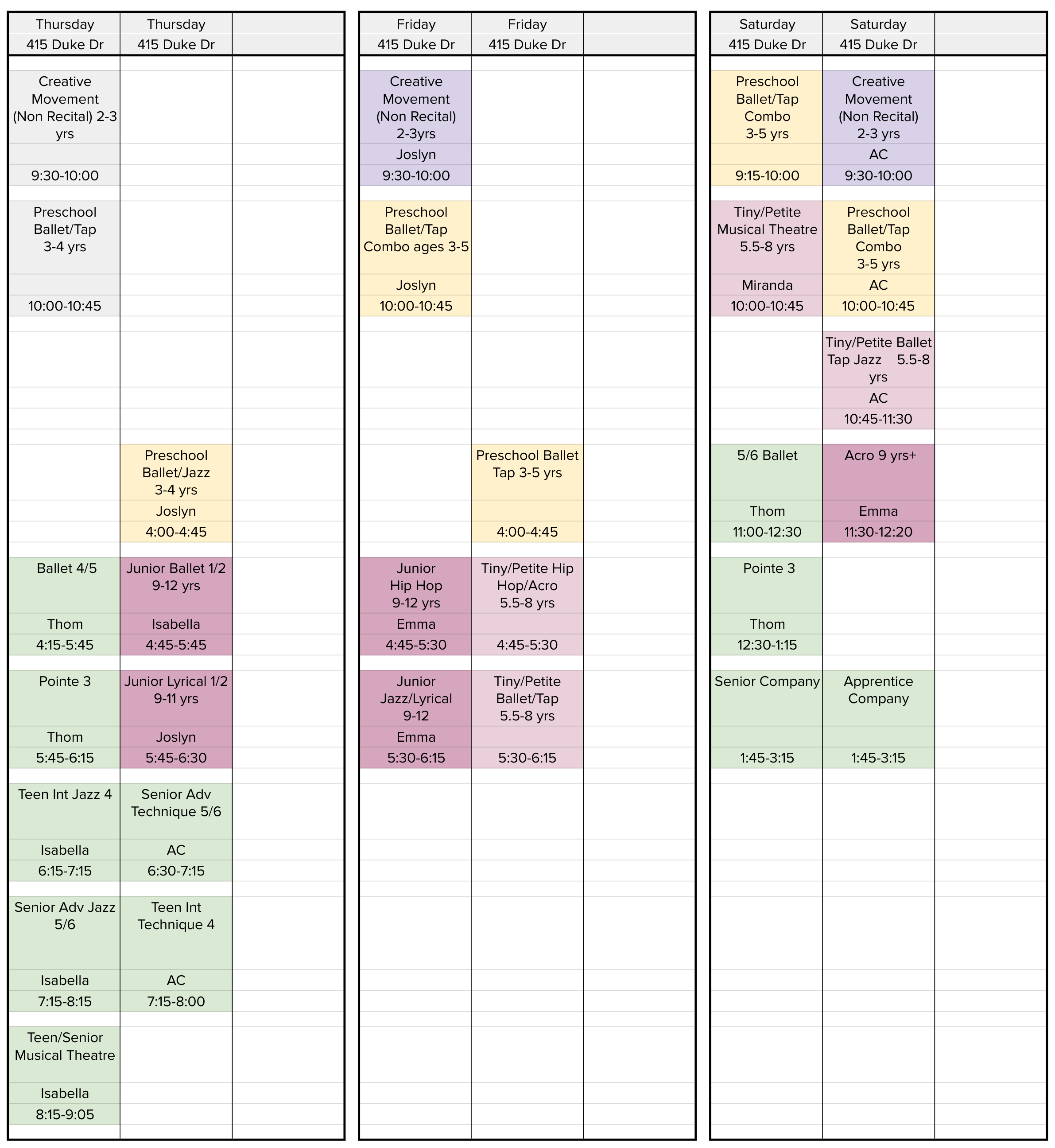 SEASON CALENDAR/SCHEDULE — HAVEN DANCE