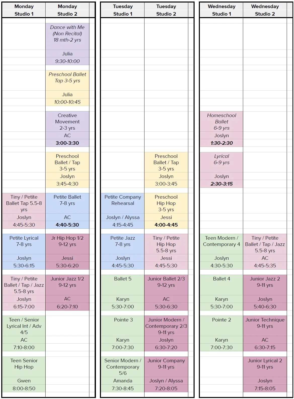 CLASS SCHEDULE & CALENDAR — HAVEN DANCE