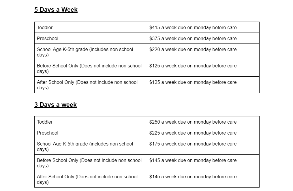 Tuition Information — Lake Stevens Daycare & Preschool Center