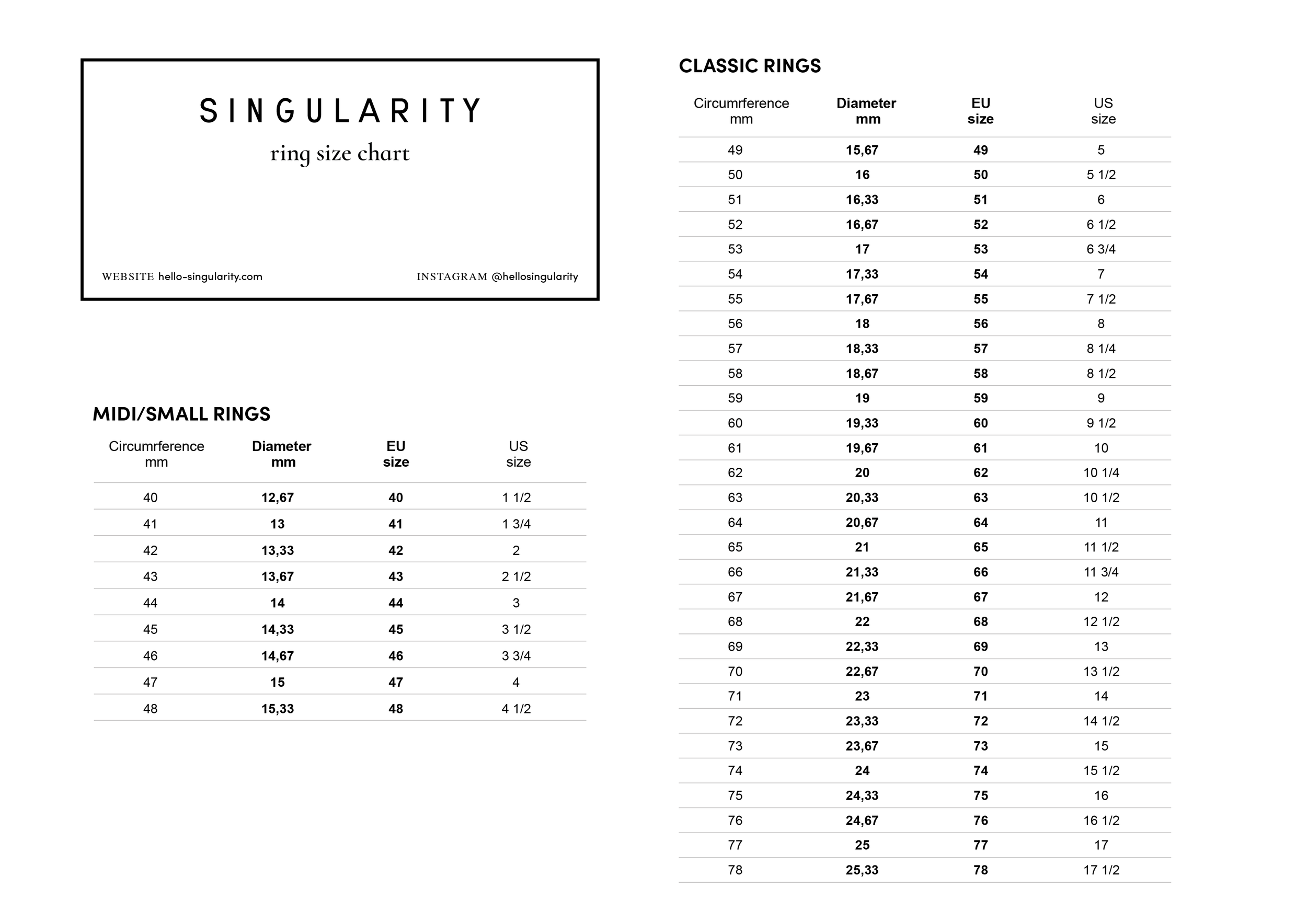 Ring size chart — Singularity