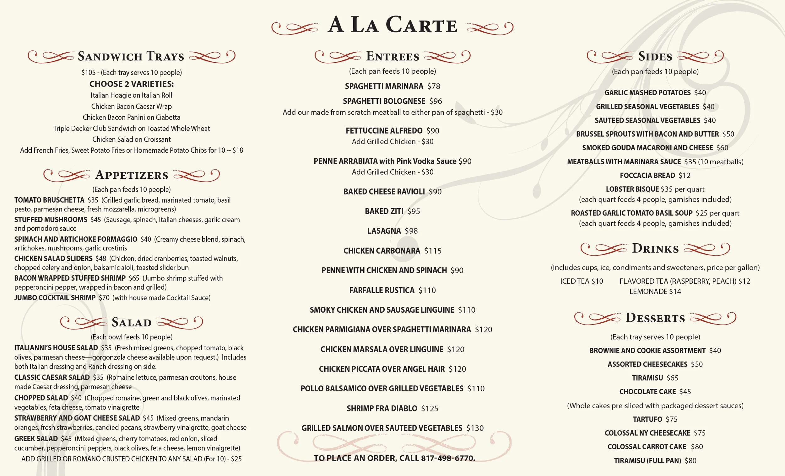A La Carte Catering Menu — Italianni's Hurst
