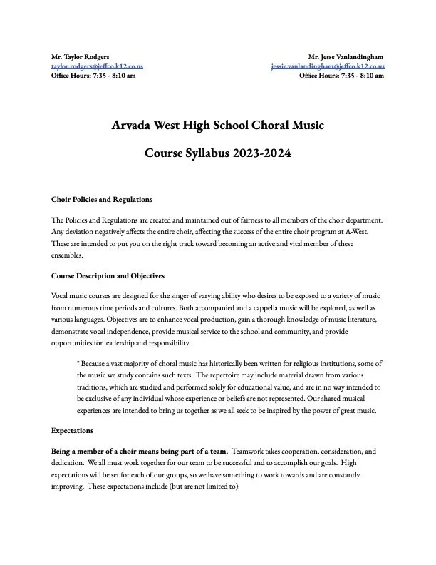 Course Documents — Arvada West Choir