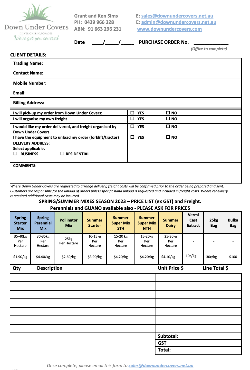 Order Form — Down Under Covers