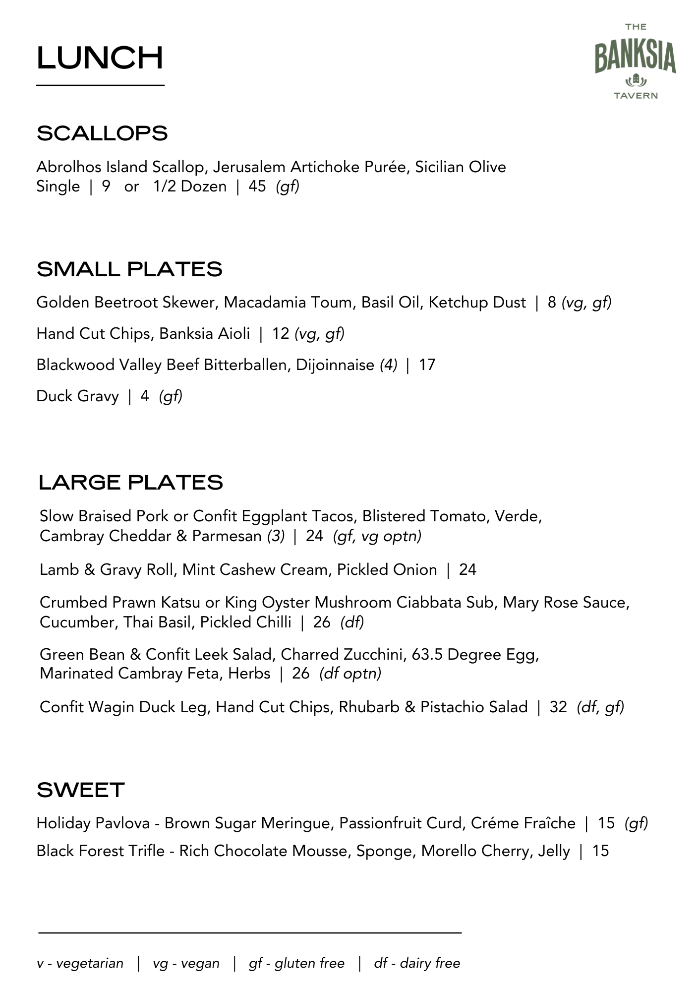 MENU — The Banksia Tavern