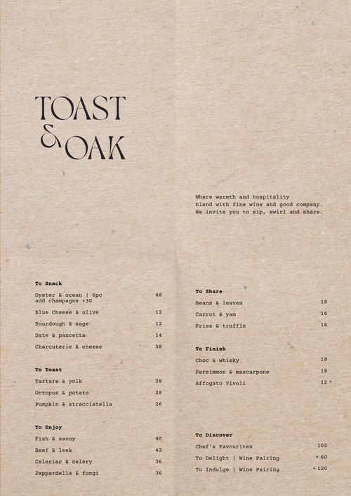 SAMPLE MENU — Toast & Oak