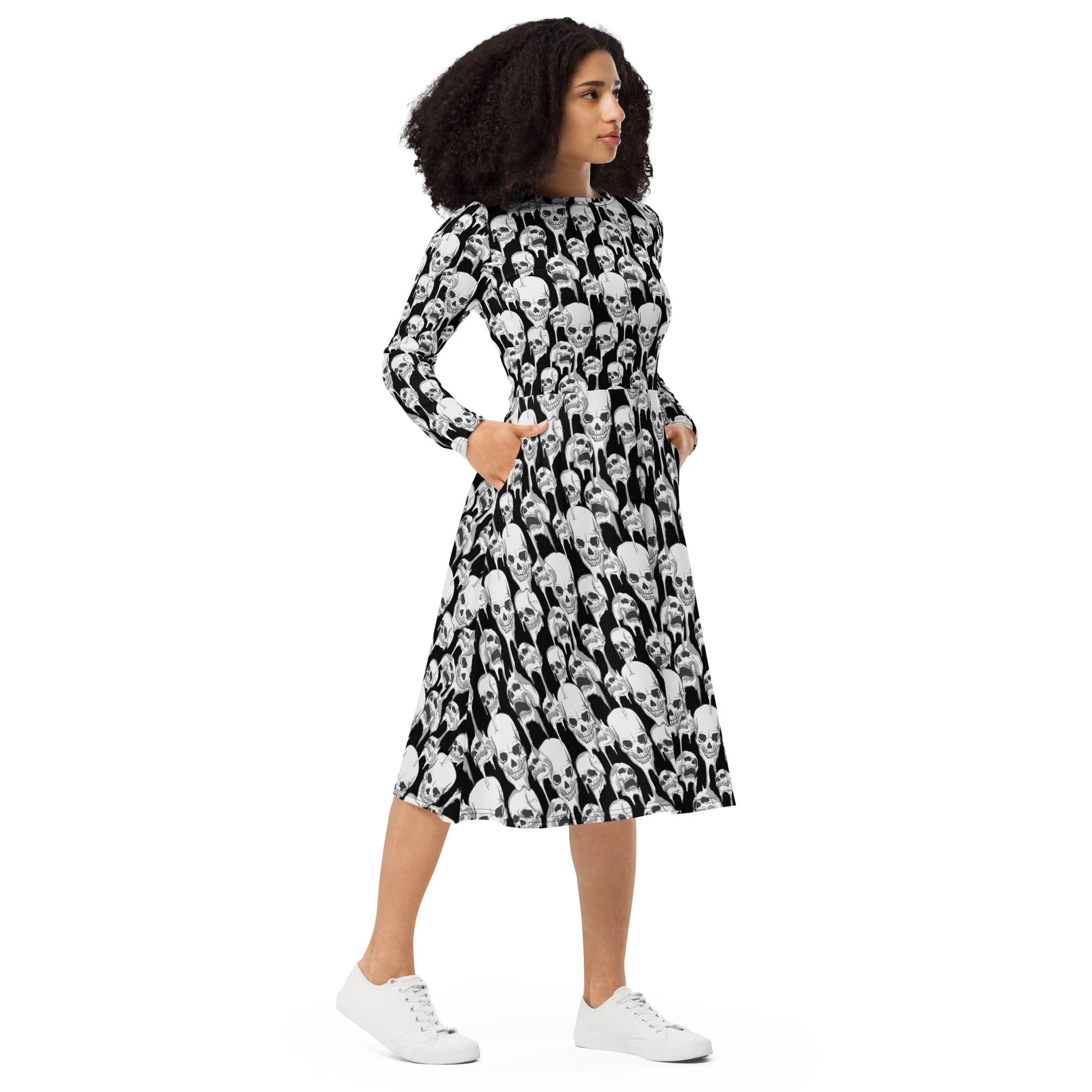 long-sleeve-midi-dress-pockets-Halloween-spooky-punk-goth-skull-crow ...