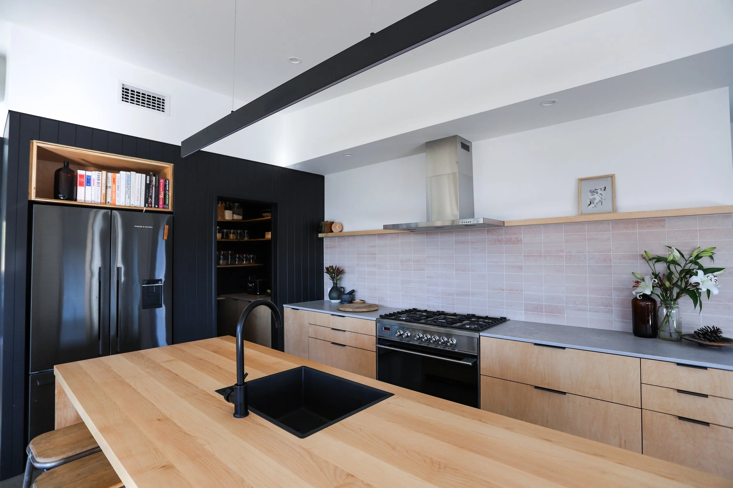 Custom Kitchen | Maple Veneer Cabinets & Timber Benchtop