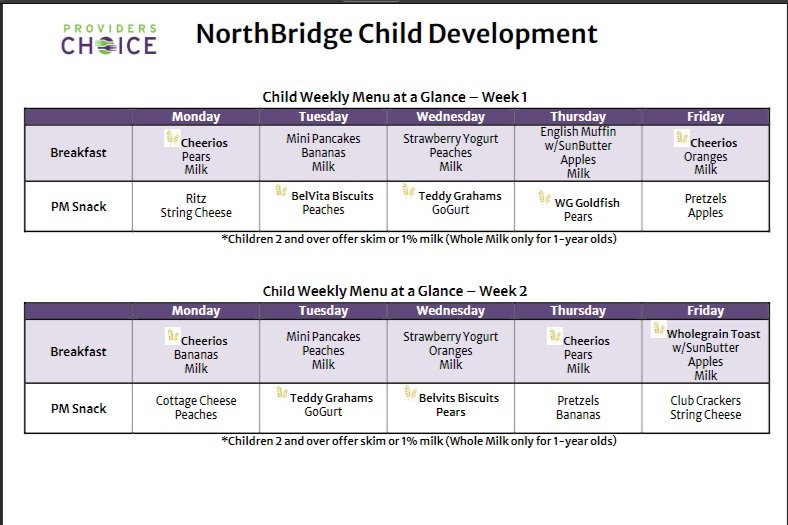 Menu — NorthBridge Child Development