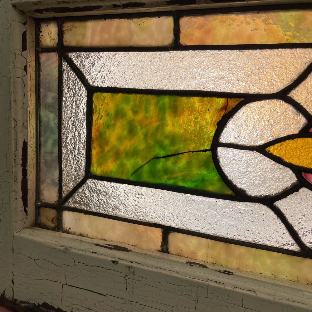 Pictorial Stained Glass Window - Castle Scene with Shields — Aurora Mills