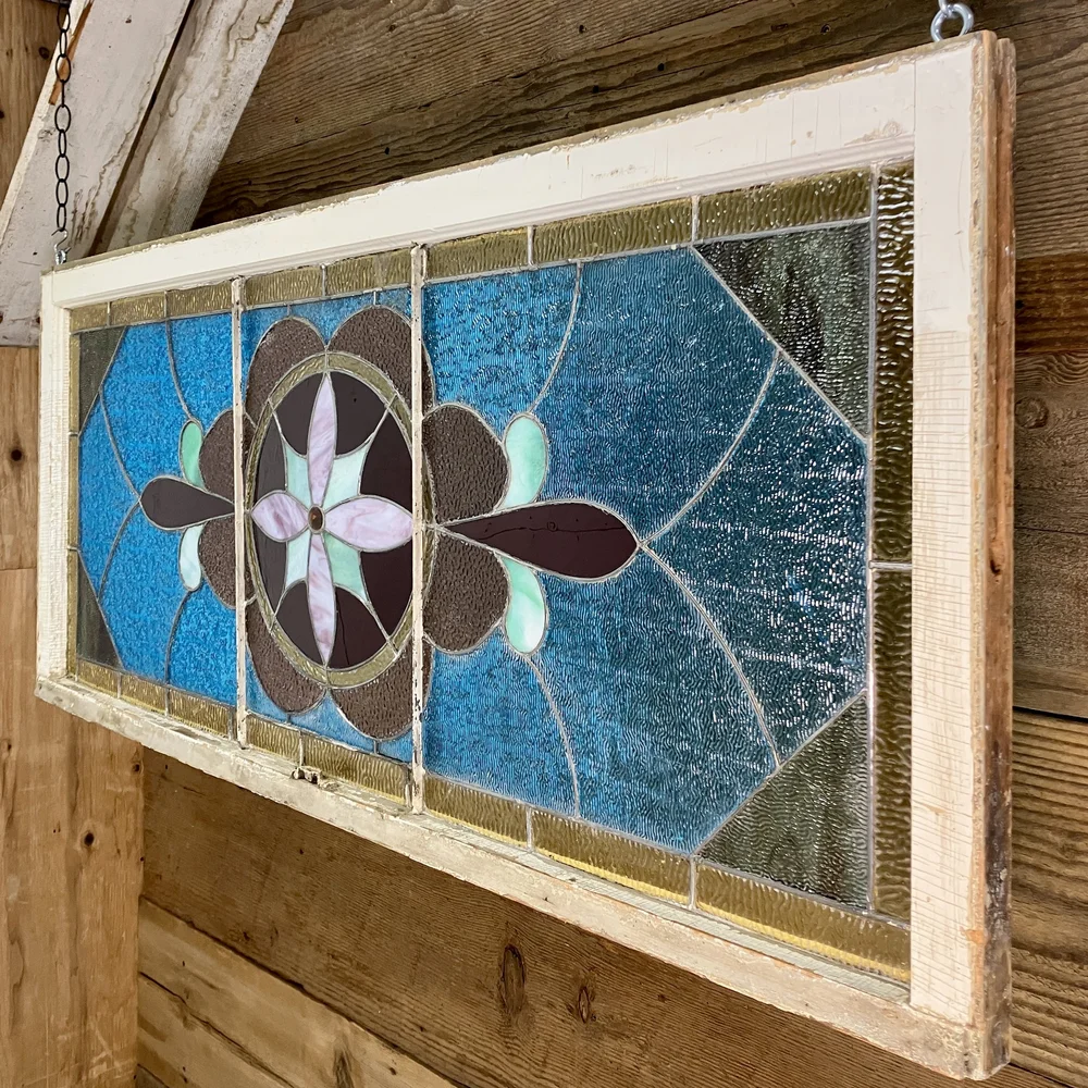 Pictorial Stained Glass Window - Castle Scene with Shields — Aurora Mills