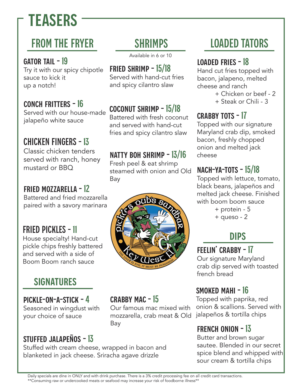MENU — Pickles Pub's Sandbar