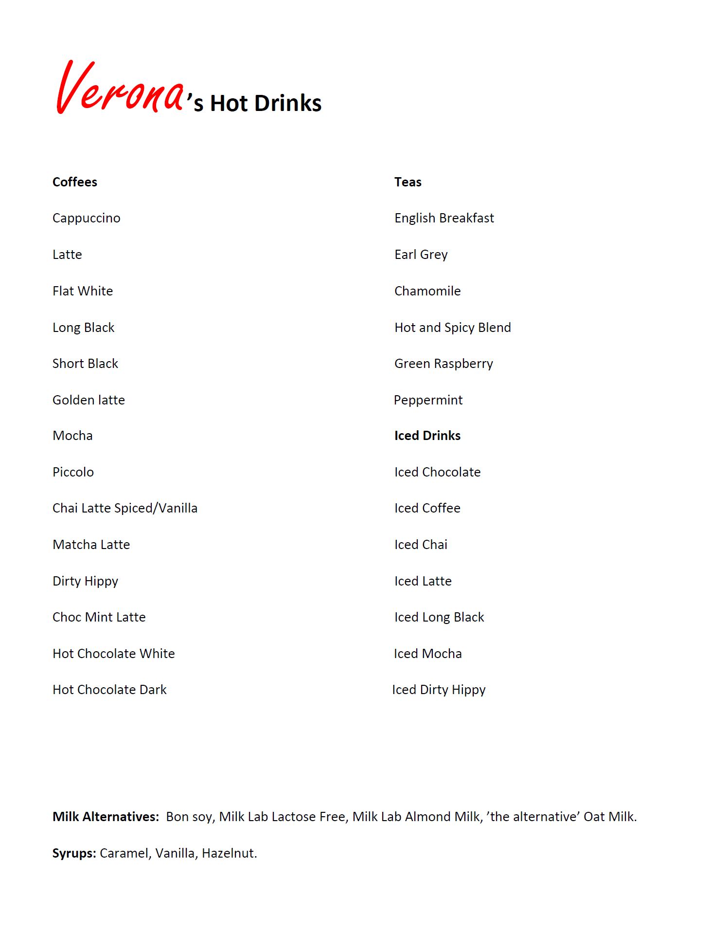 Menu — Verona Italian Restaurant & Wine Bar