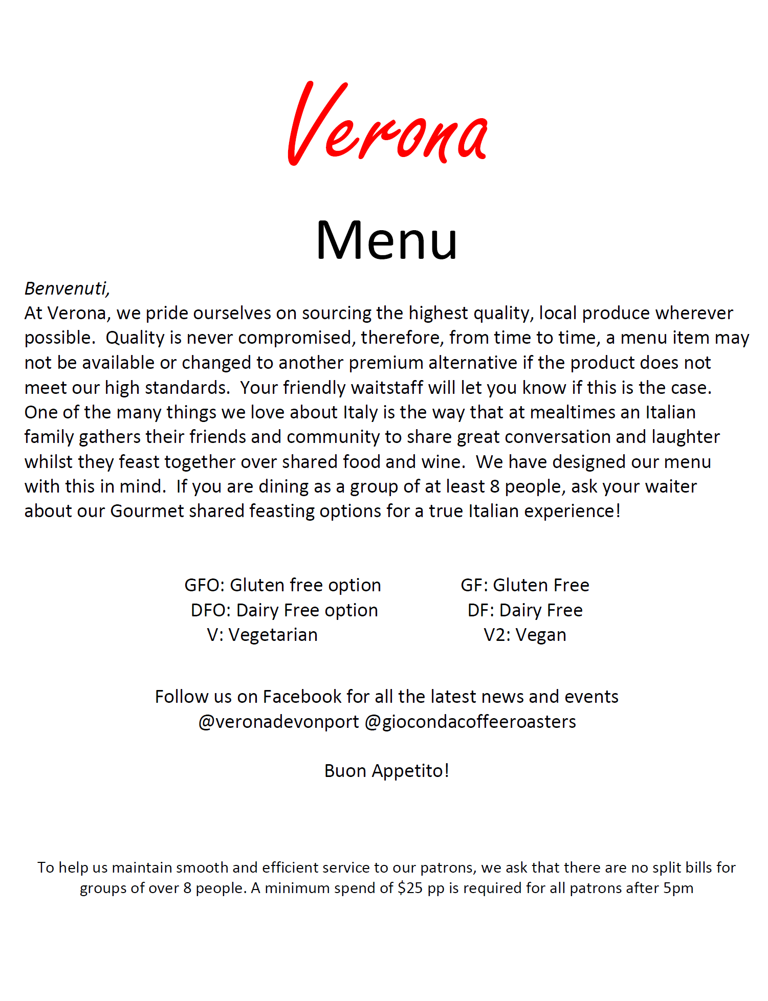 Menu — Verona Italian Restaurant & Wine Bar