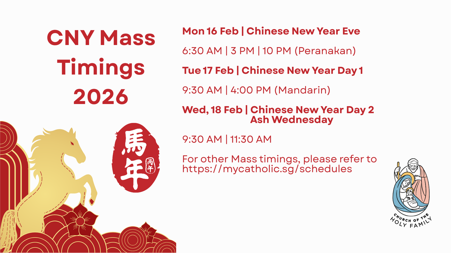 🐎 Chinese New Year & Ash Wednesday Mass Timings — Church of the Holy Family