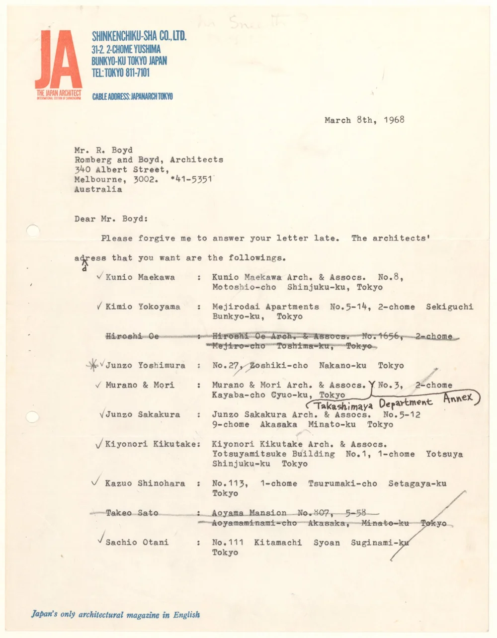 Letter from Shozo Baba — Robin Boyd & Japan