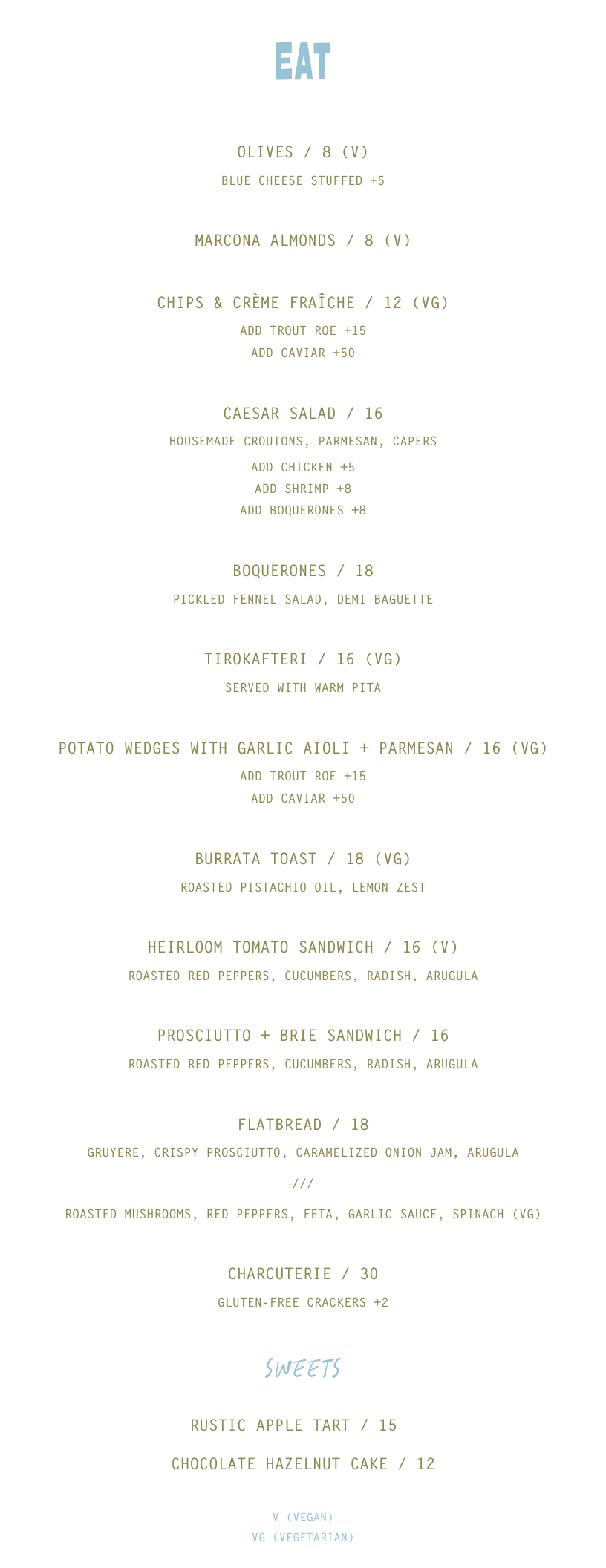 The Cove Menu — THE COVE