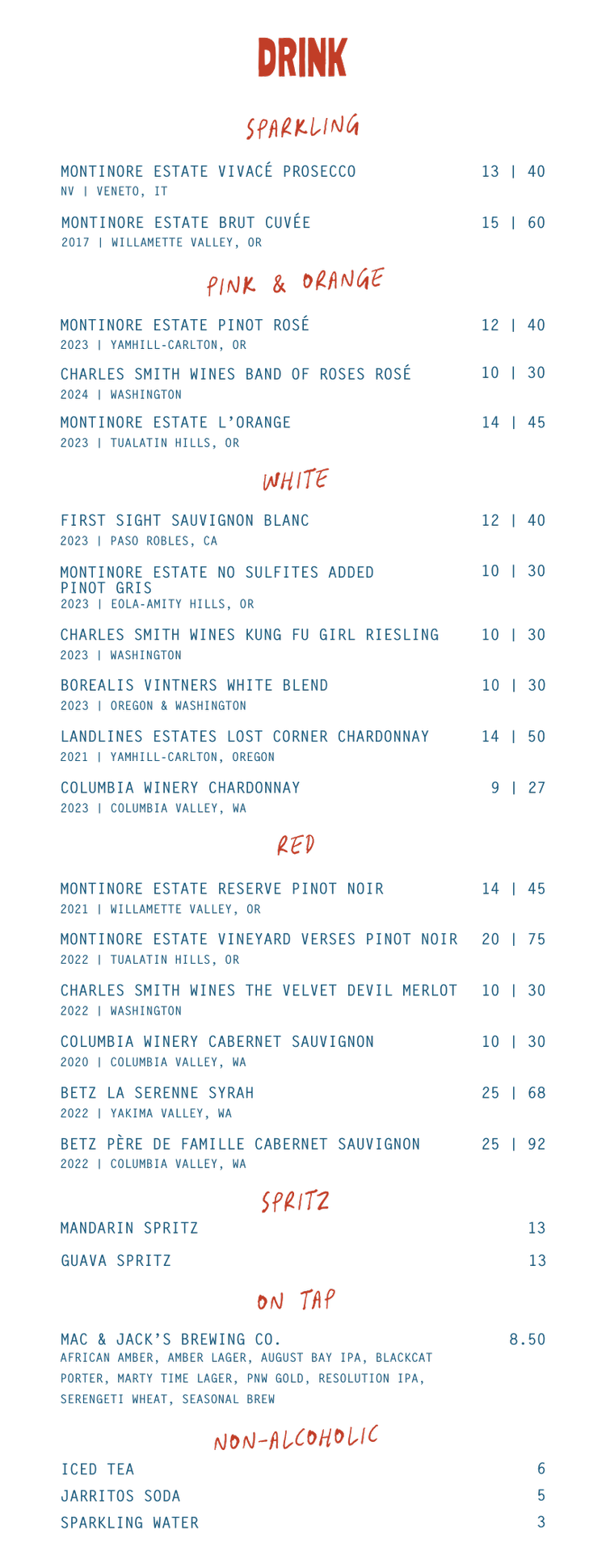 The Cove Menu — THE COVE
