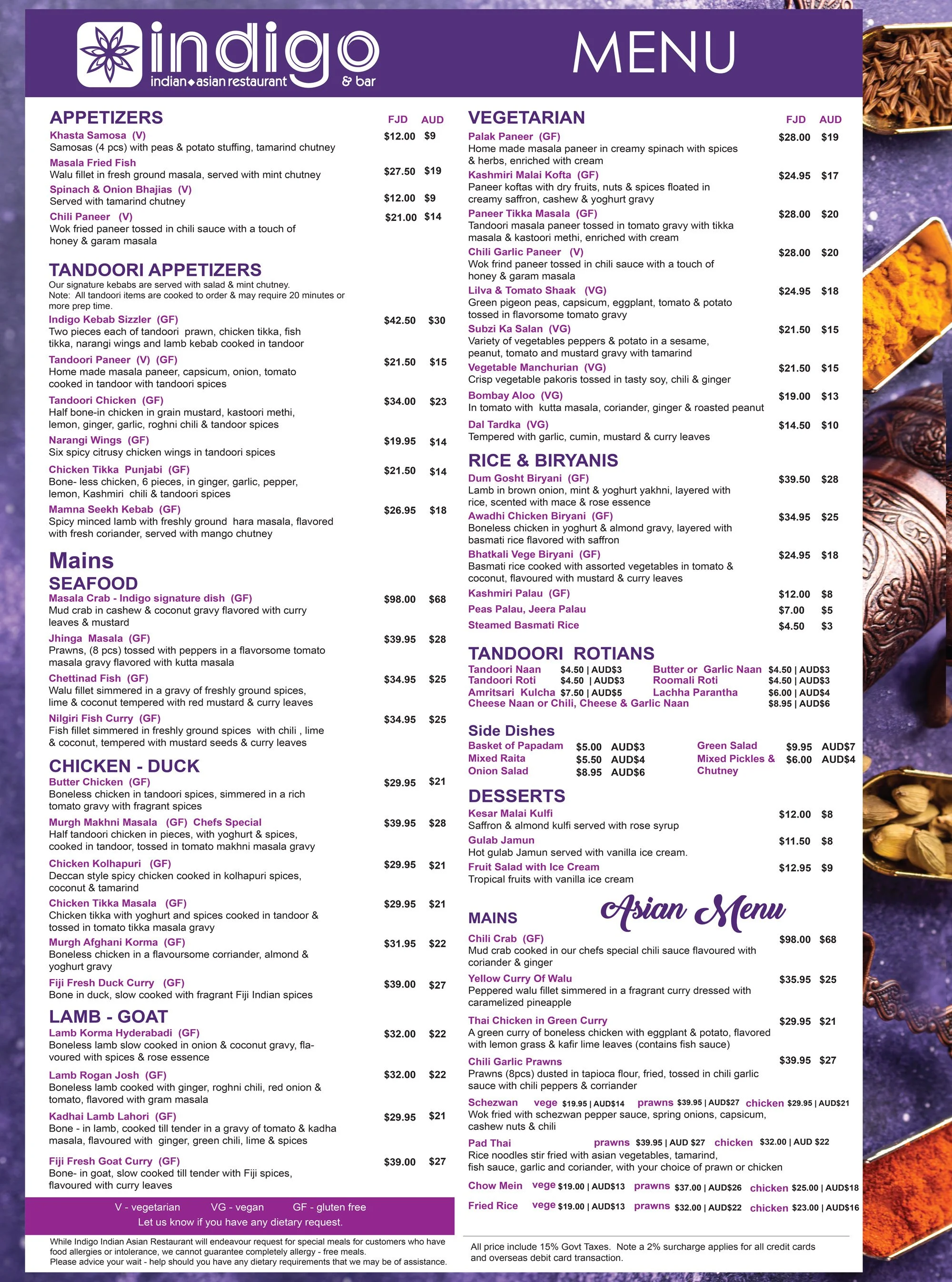 Authentic Indian & Asian Cuisine Menu - Indigo Restaurant | Port ...