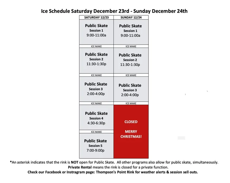 ICE SCHEDULE — Thompson's Point Rink