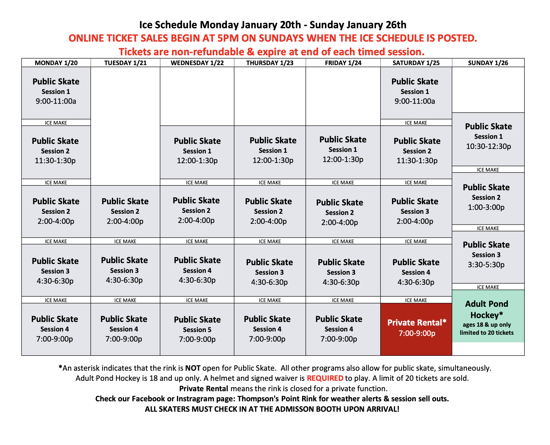 ICE SCHEDULE — Thompson's Point Rink