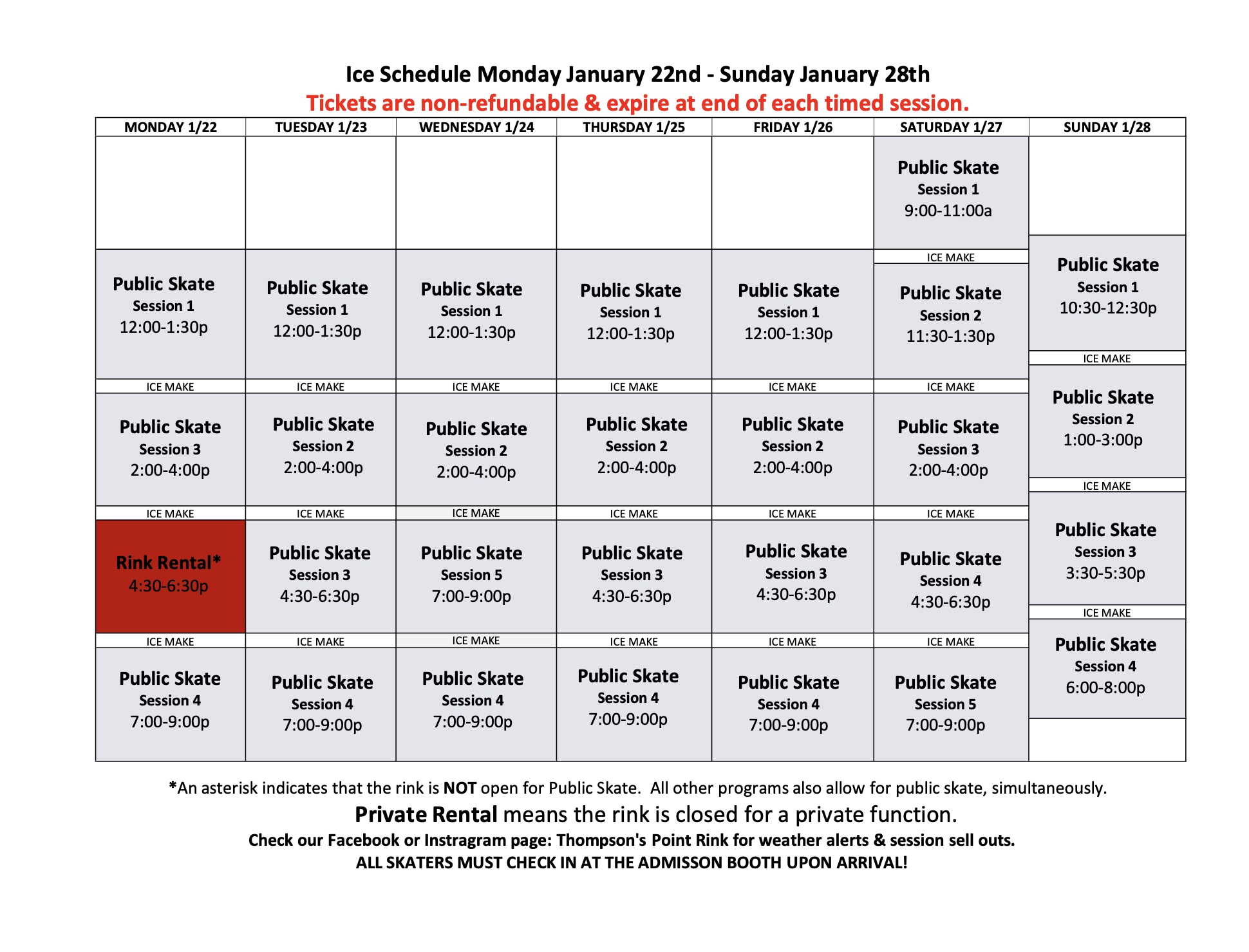 ICE SCHEDULE — Thompson's Point Rink
