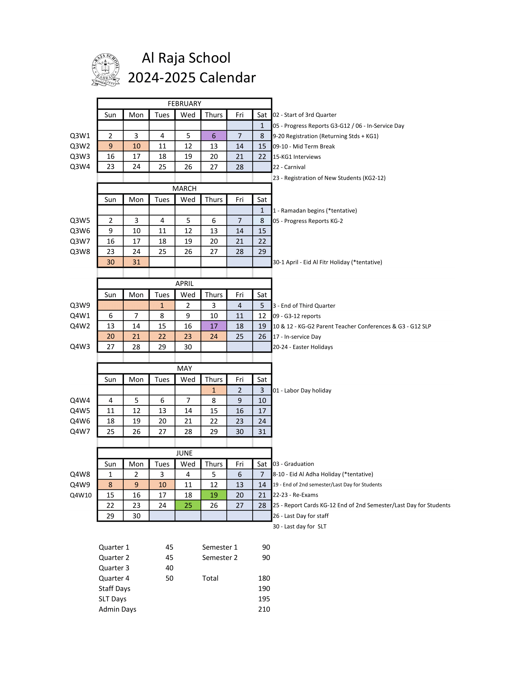 Calendar — AL RAJA SCHOOL BAHRAIN