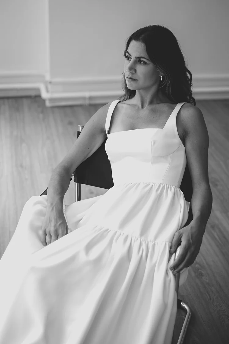 CORA | Double Satin Square Neck Wedding Dress with Gathered Tiered ...