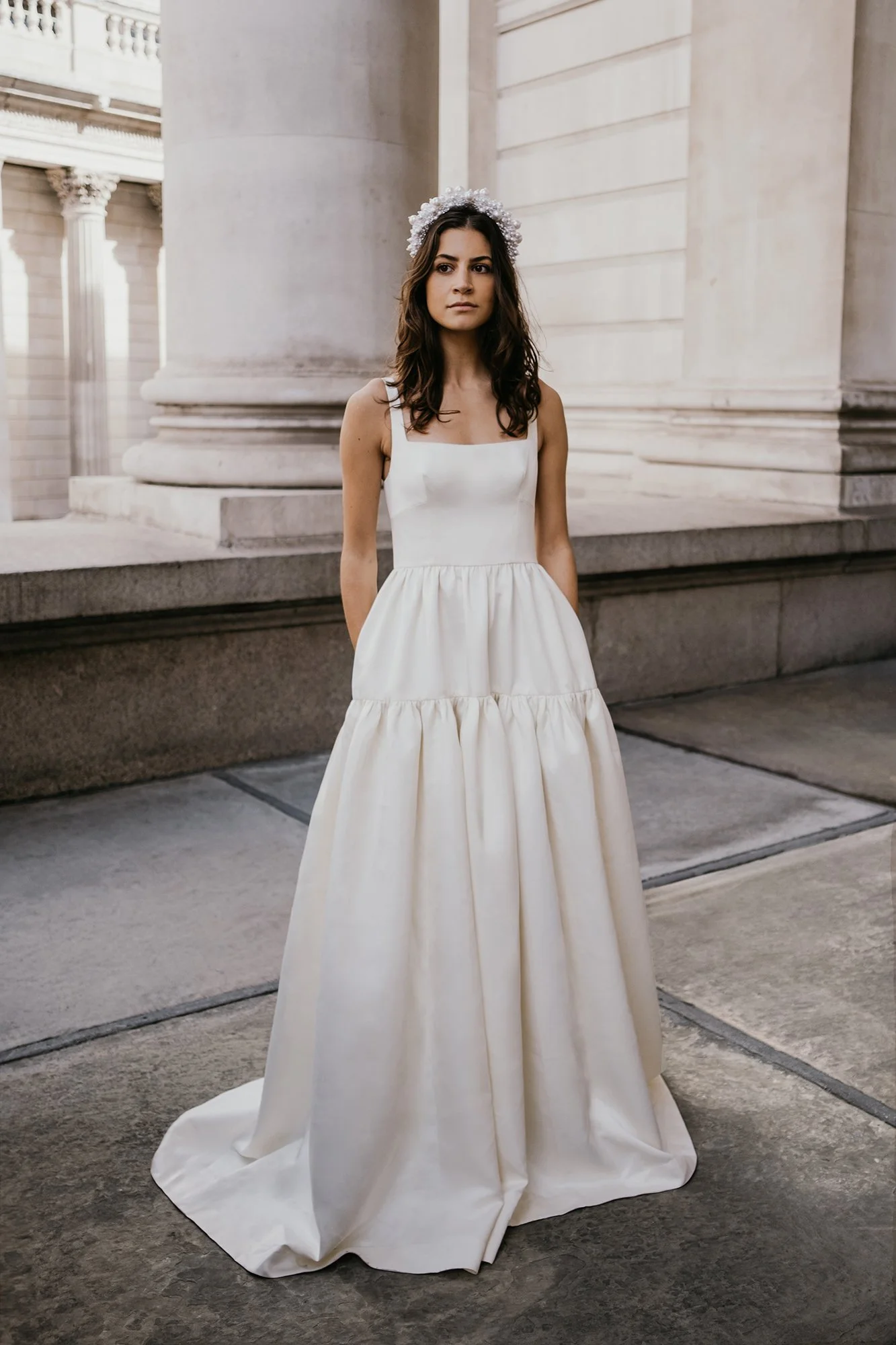 CORA | Double Satin Square Neck Wedding Dress with Gathered Tiered ...
