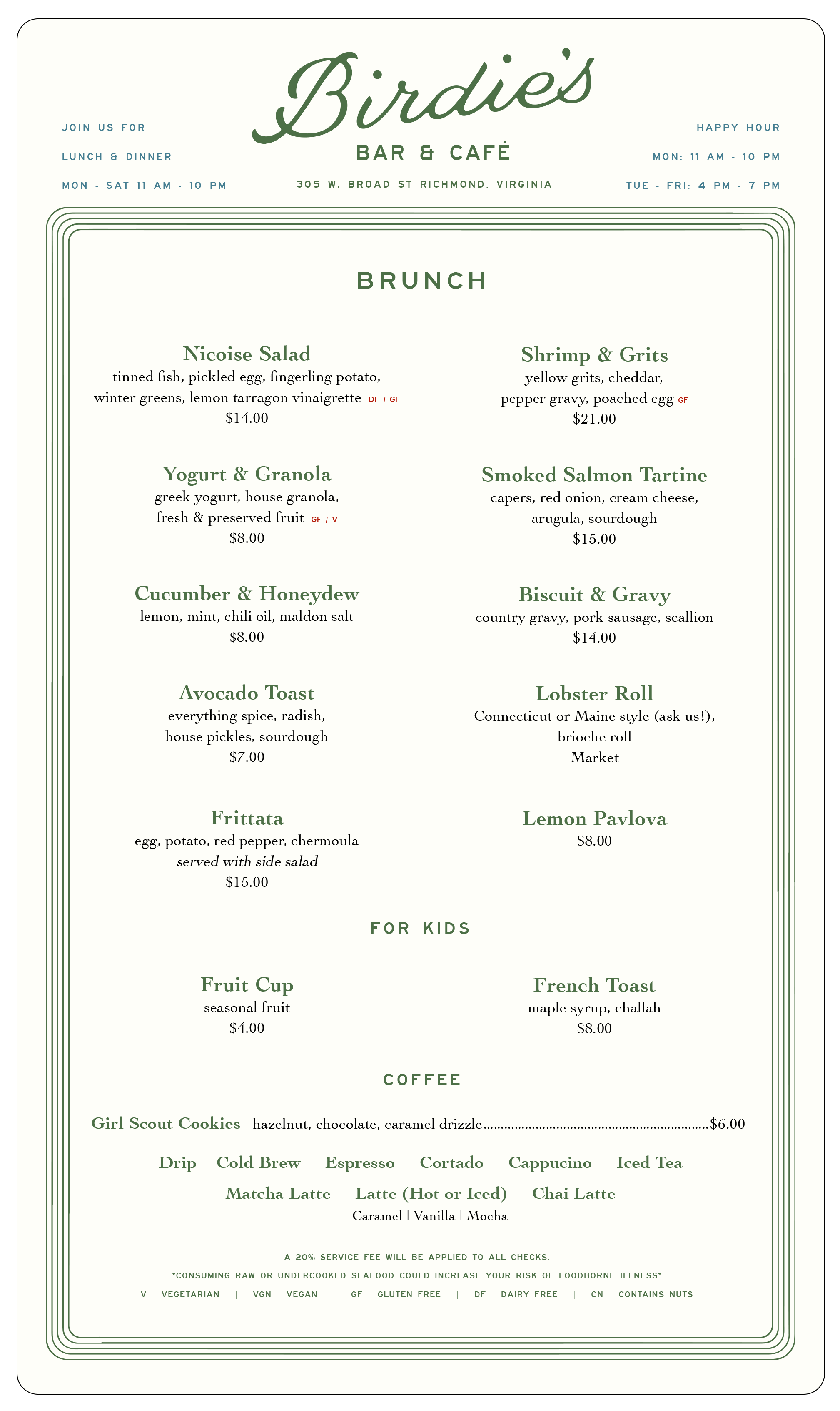 Menu — Birdie's Bar & Café