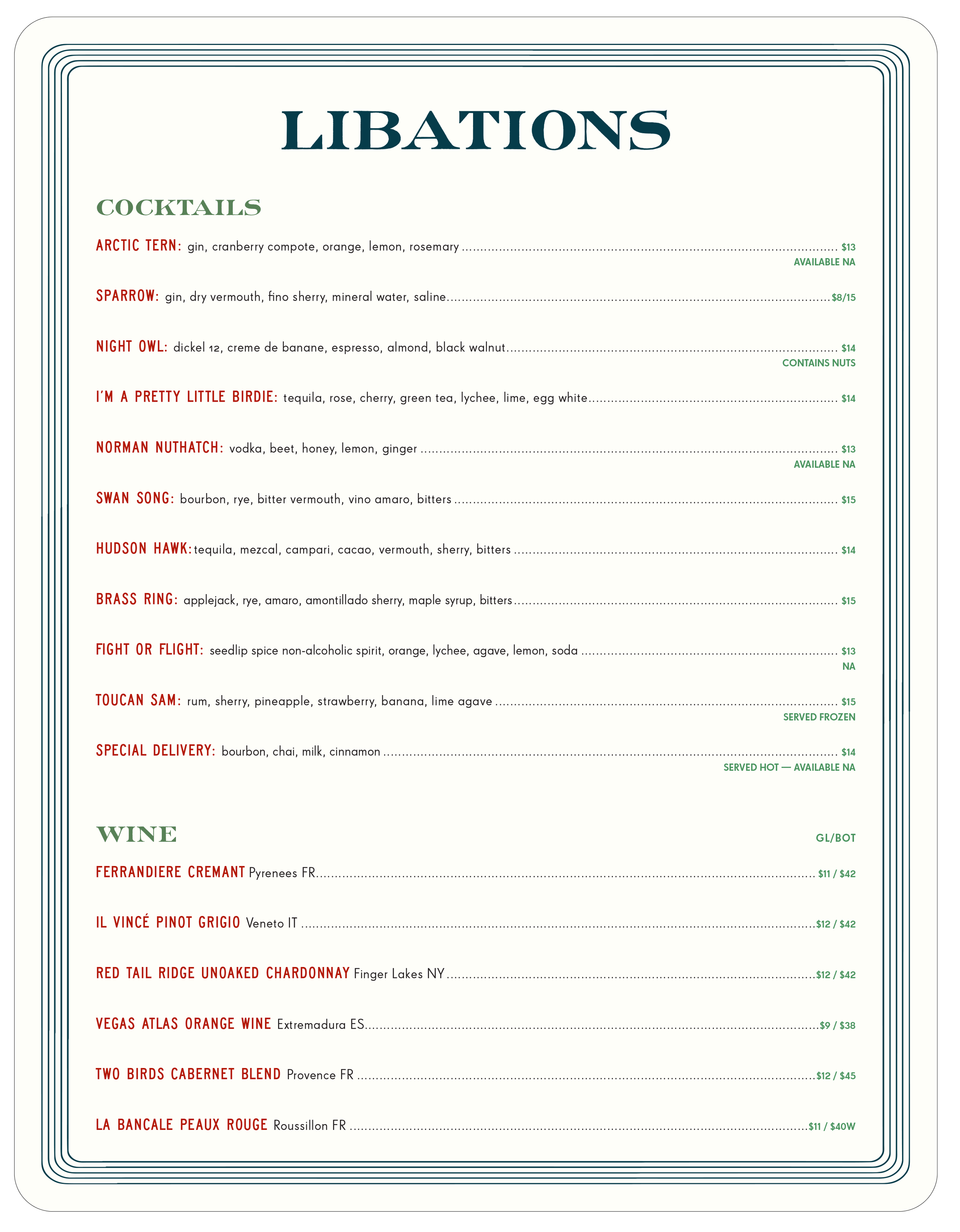 Menu — Birdie's Bar & Café