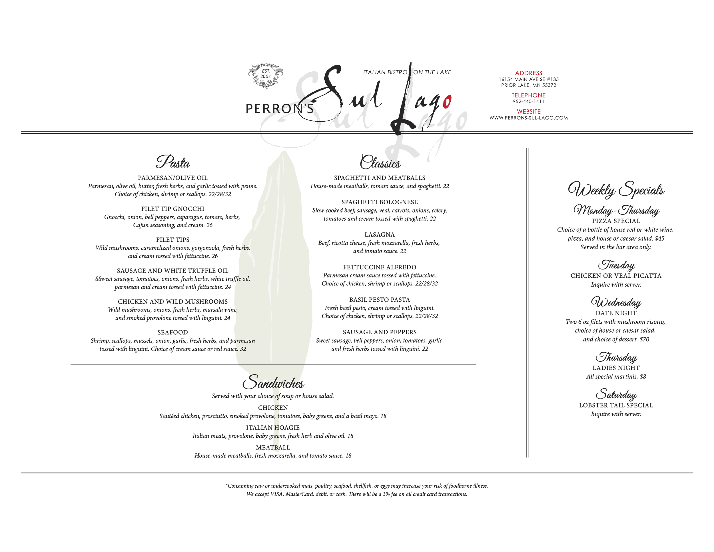 Food Menu — Perron's Sul Lago