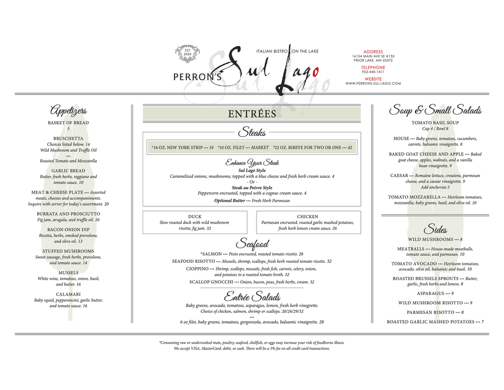 Food Menu — Perron's Sul Lago