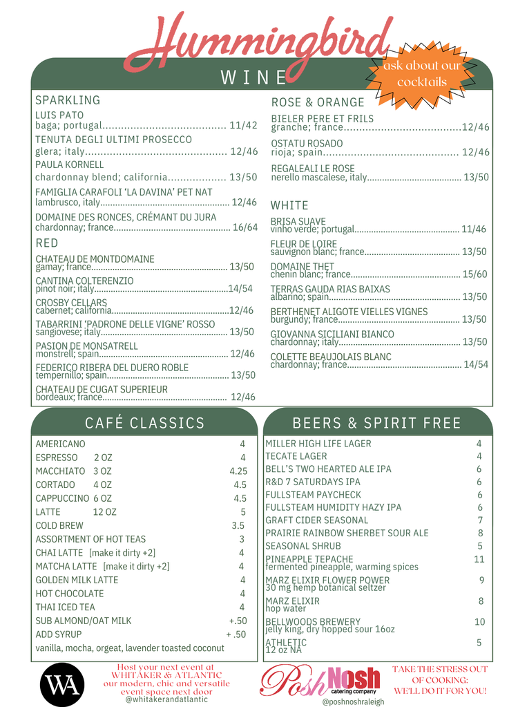 Menu — Hummingbird