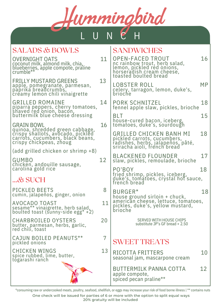 Menu — Hummingbird