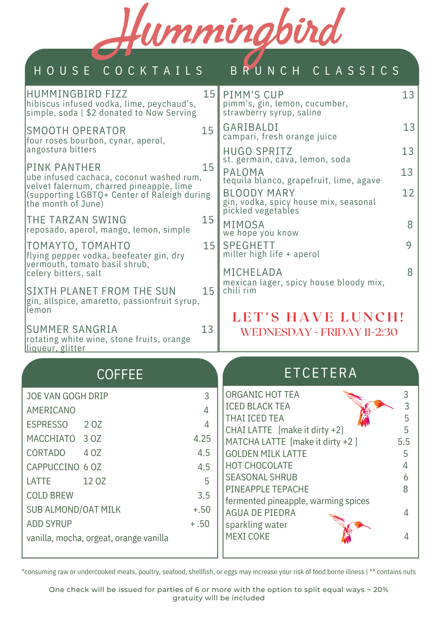 Menu — Hummingbird